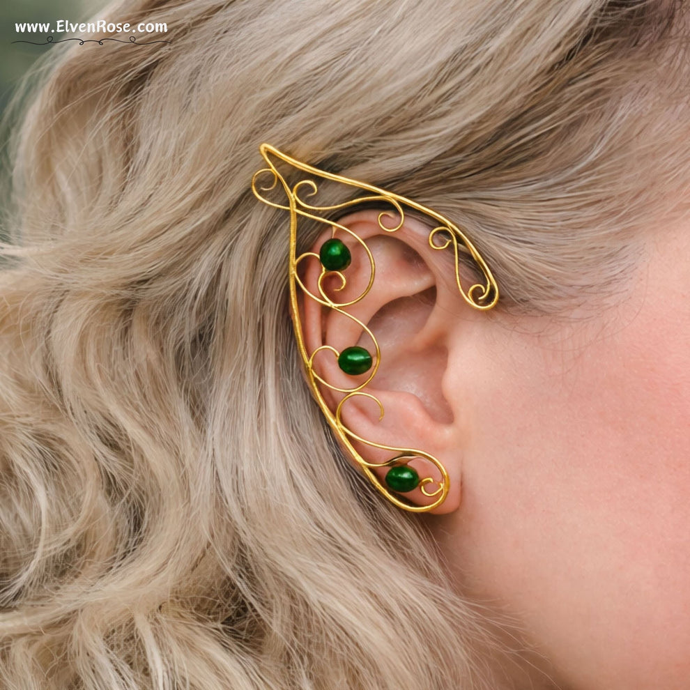 Elven Ranger Elf Ears – Forest Elf Ear Cuffs in Gold & Green – Elven Rose